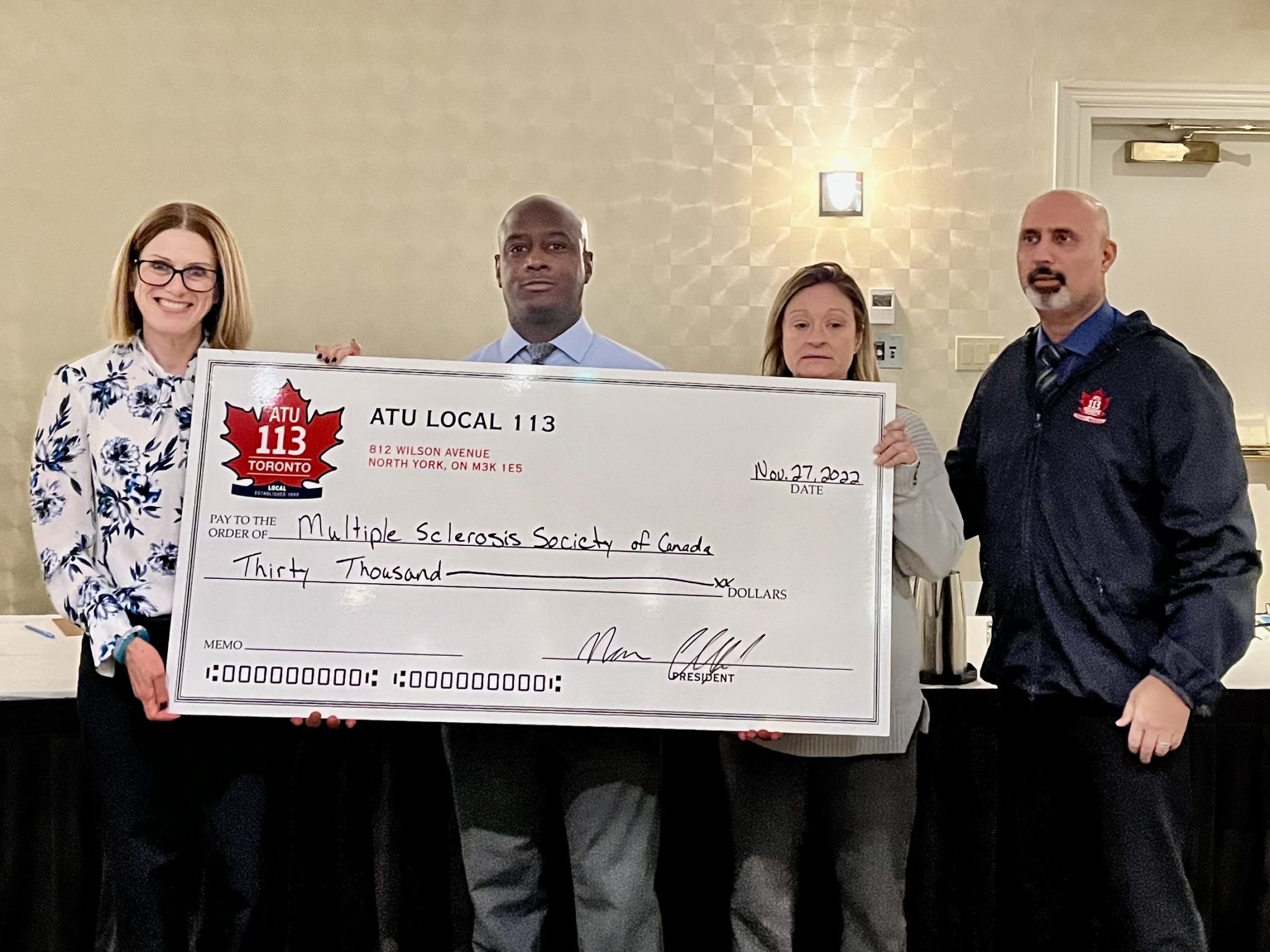 ATU Local 113 donates to Sick Kids Hospital and the MS Society of ...